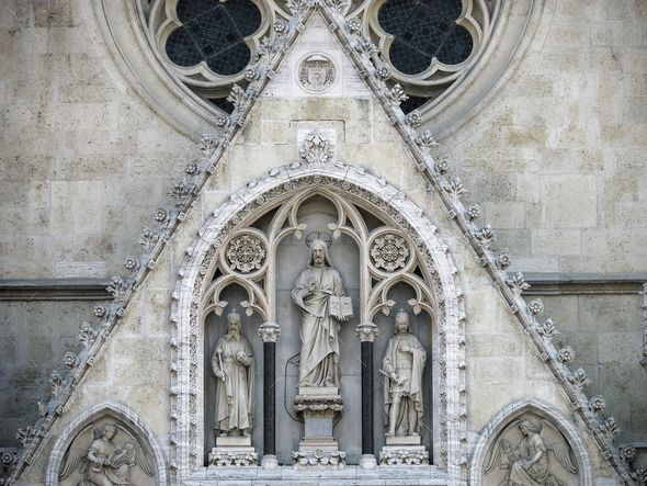 Gable triangle with a statue of Christ above the main entrance of the ...
