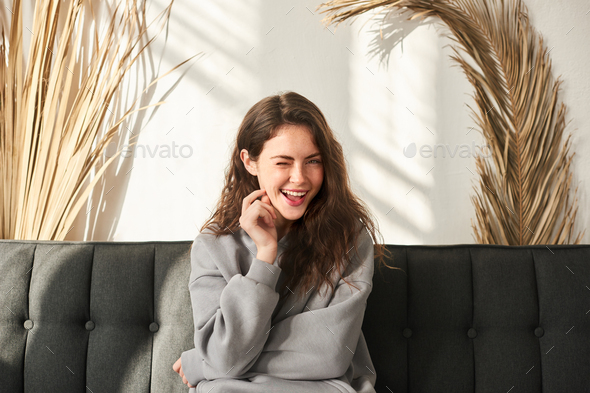 wink woman blogger talk to webcam recording vlog social media ...