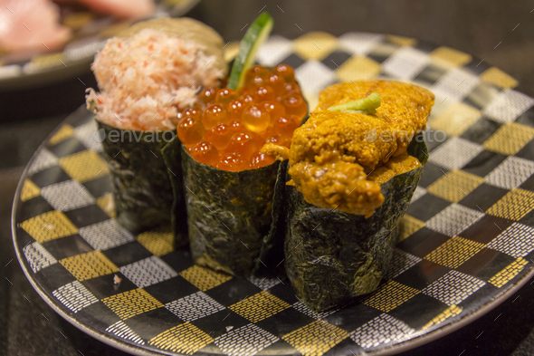 Gunkan sushi rom traditional Japanese restaurant in Tokyo (Japan) Stock Photo by wirestock