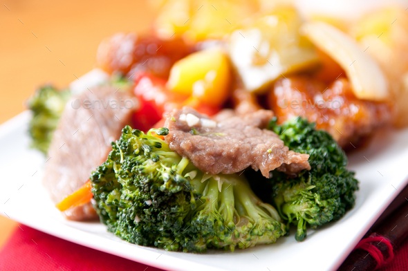chinese food with fried rice, beef, chicken and fresh Stock Photo by ...