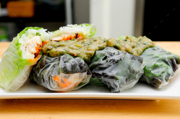 rice paper wrapped chicken with vermicelli noodles and a thai pe Stock ...