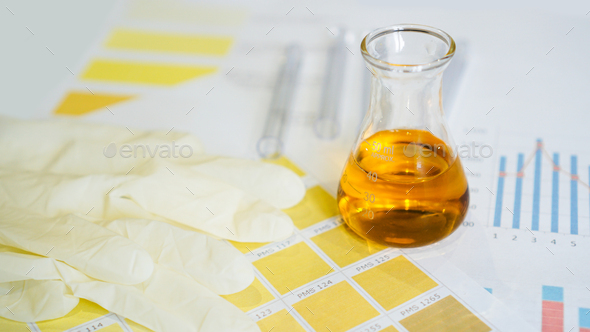 Urine test. Flask with analyzes on medical tables with color ...