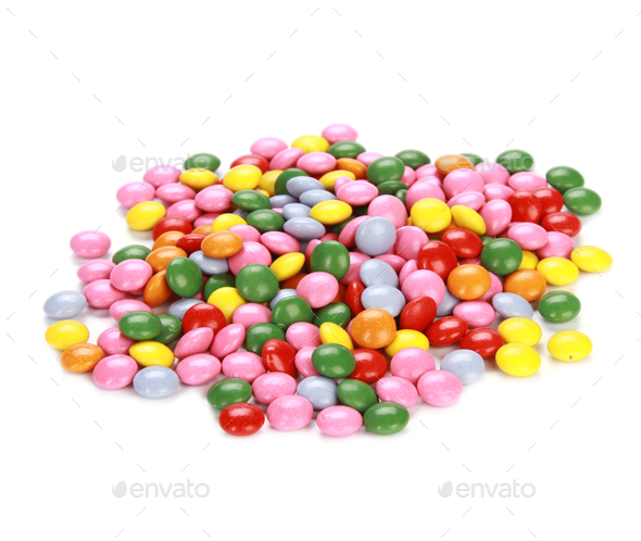 Pile of small colorful coated chocolate candies isolated on a white ...
