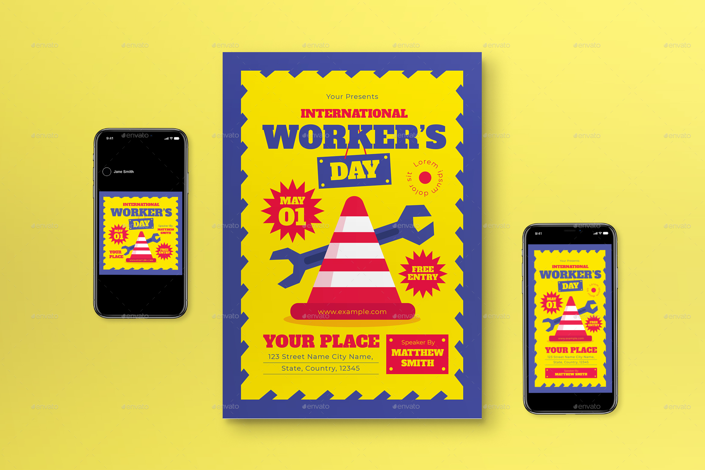 Yellow Flat Design International Worker Day Flyer Set, Print Templates