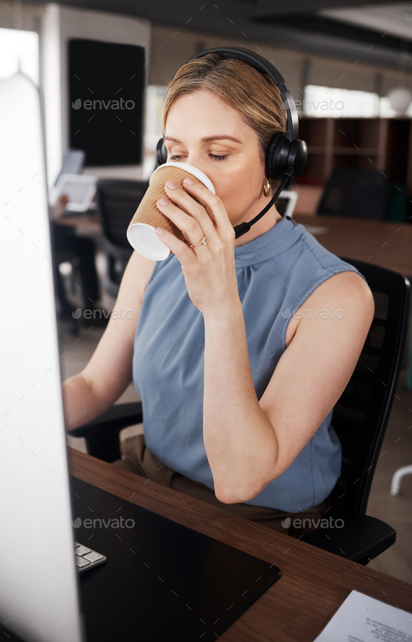 Call center consultant, coffee drink or woman telemarketing on contact ...