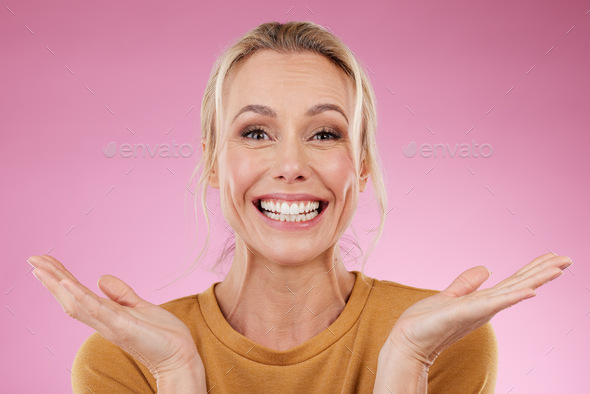 Portrait, old woman and surprise with achievement, excited and happiness on studio background ...