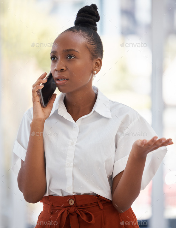 Phone call, confused and business woman in office frustrated, wtf and ...