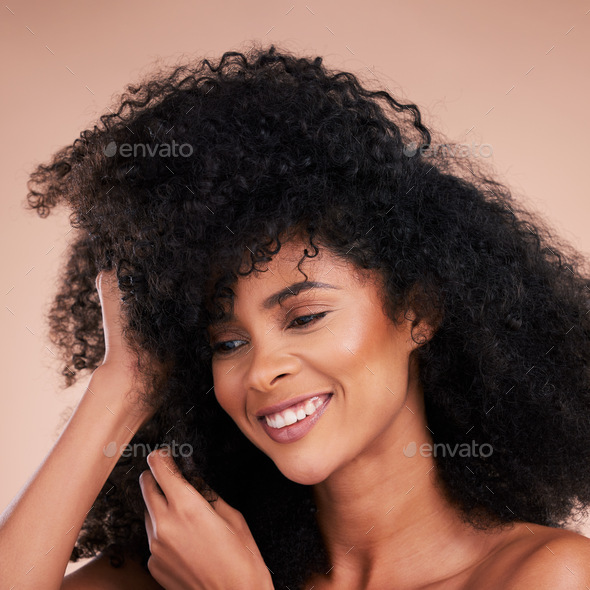 Hair texture, black woman and cosmetics of a young model with a healthy ...