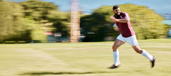 Rugby, running and speed of an athlete with energy and sports ball on a ...