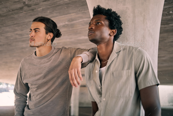 Gen z men, city and friends with fashion vision, support and outdoor ...