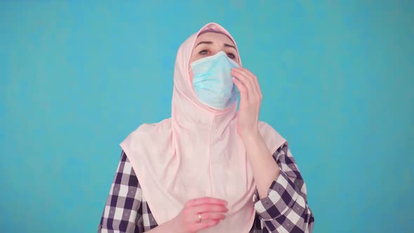 Young Beautiful Muslim Woman Medical Mask Coughing Spasm, Stock Footage
