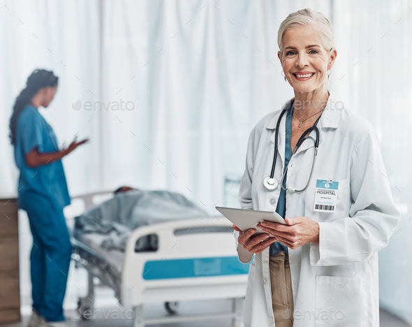 Healthcare, smile and portrait of senior woman doctor in hospital with patient chart and help in ...