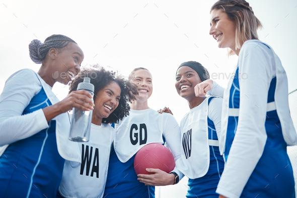 Happy netball team or group of woman with funny sports conversation ...