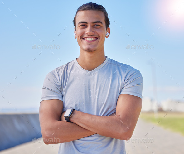 Fitness, smile and running with portrait of man for health, sports and ...