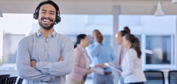 Call center, smile and portrait of customer service agent with headset ...