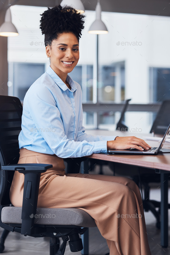 Black woman, business and portrait with a laptop in office while ...
