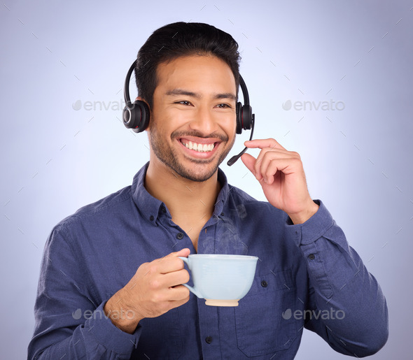 Happy call center man isolated on studio background for technical ...