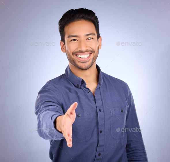 Hand shake, welcome and portrait of a business man with happiness from ...