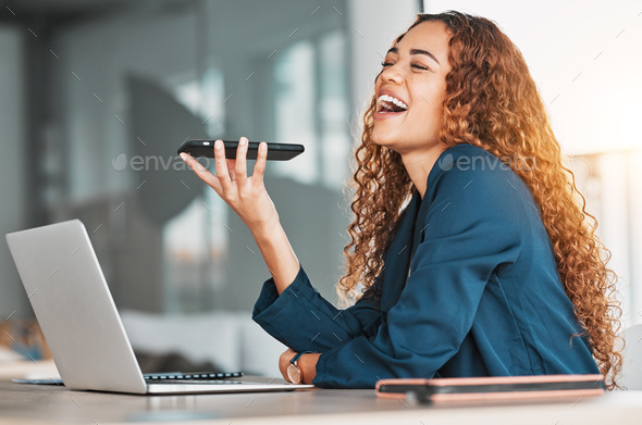 Businesswoman, laptop and phone laughing for funny joke, meme or ...