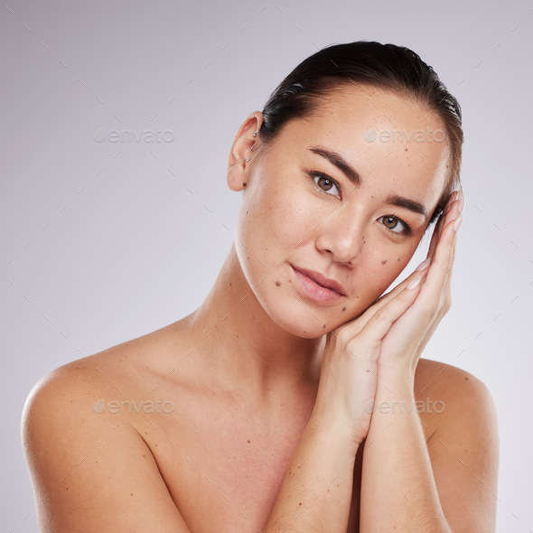 Beauty, asian woman and face portrait for skincare in studio with dermatology cosmetic for skin ...