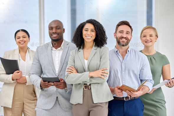 Teamwork, manager portrait and diversity of office team happy about hr ...