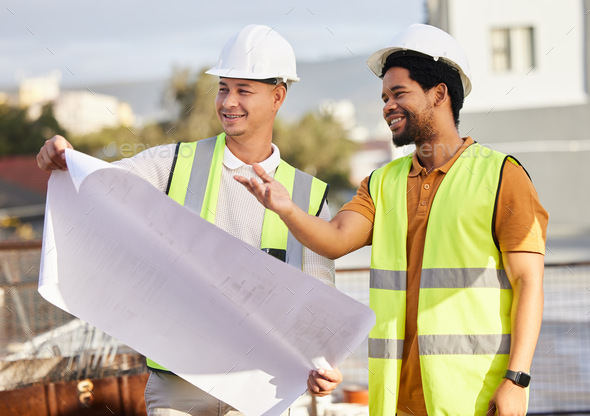 Engineer, employees and men with blueprints, construction site and ...