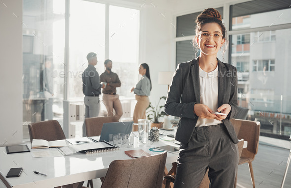 Business woman, portrait and phone in boardroom, meeting room and busy ...
