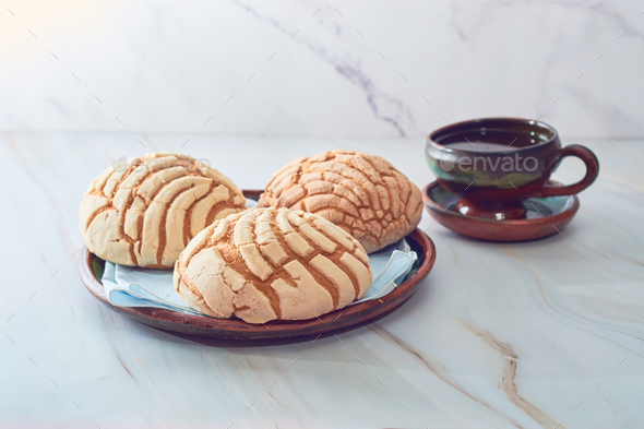 Mexican sweet bread called conchas. Concept Mexican pastries. Stock ...