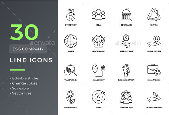 30 ESG Company Line Icons by netrejo | GraphicRiver