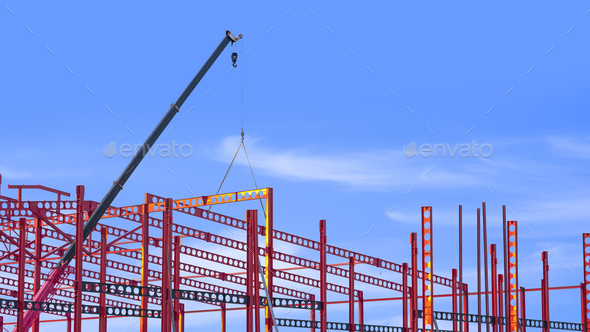 Crane lifting castellated beam to install on industrial building ...