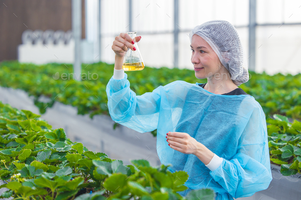 scientist working in organic agriculture farm research chemical formula ...