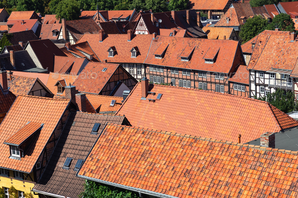 Scenic panoramic view traditional shingle tiled red rooftop old ancient ...