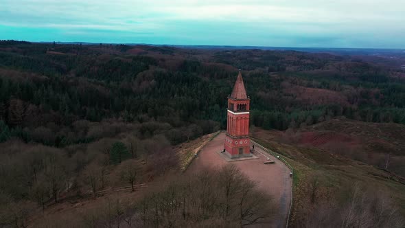 Aerial Over Red Brick Tower on the Top of Himmelbjerget Hill Denmark ...