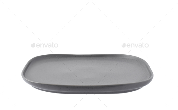 Empty gray square stoneware dinner plate isolated cutout Stock Photo by ...