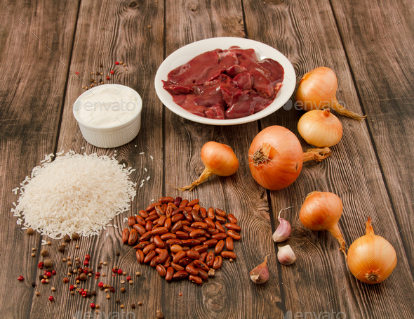 Closeup shot of ingredients for making chicken liver with rice and ...