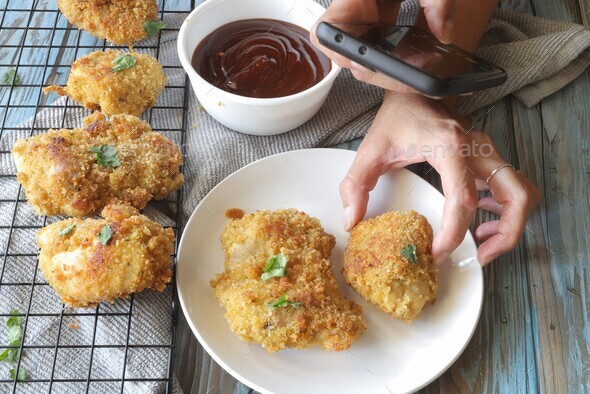 Chef cook taking a photo of crispy chicken cutlets on the white plate ...