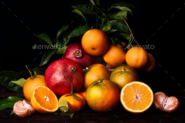 Beautiful composition of different fruits under dramatic lighting Stock ...