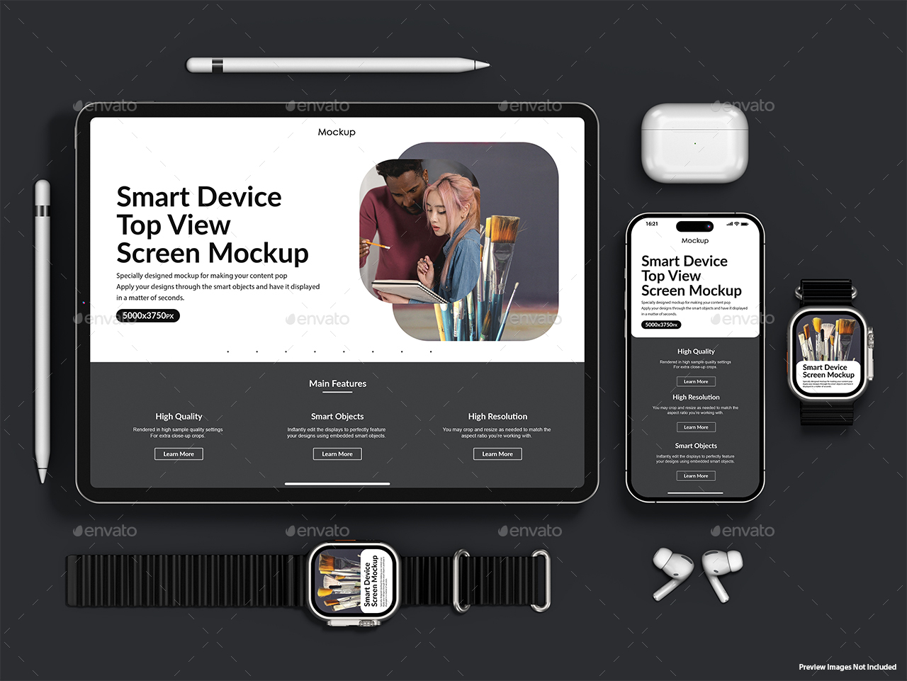 iPhone 14 / iPad Pro / Apple Watch Top View Screen Mockups, Graphics