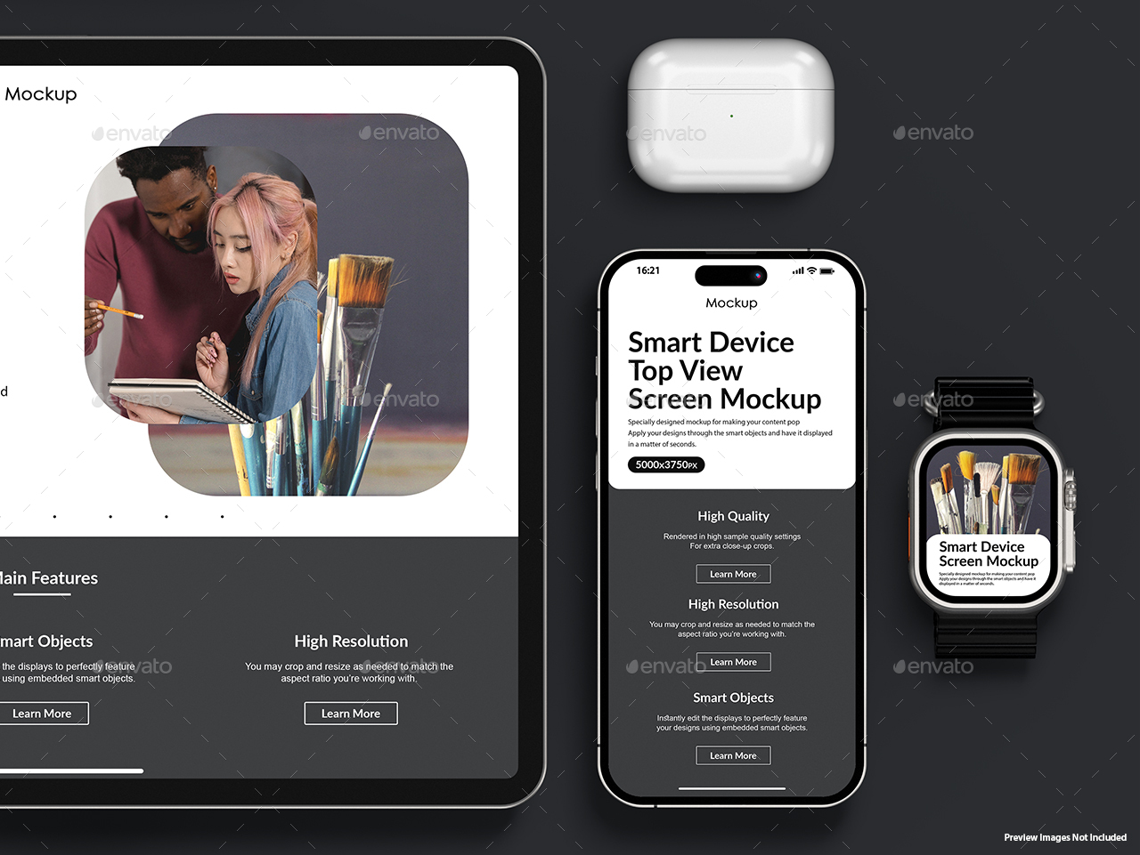 iPhone 14 / iPad Pro / Apple Watch Top View Screen Mockups, Graphics