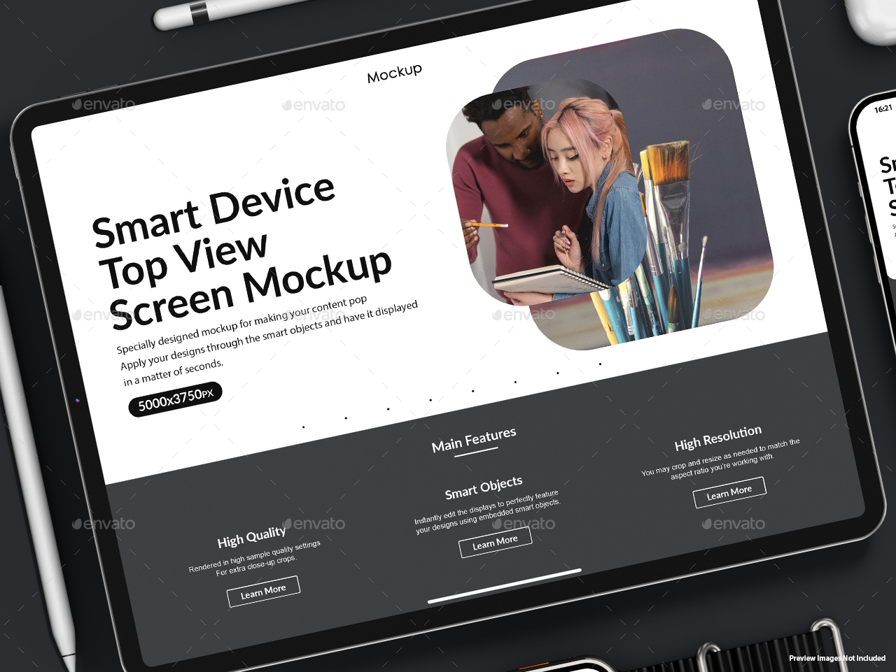 iPhone 14 / iPad Pro / Apple Watch Top View Screen Mockups, Graphics