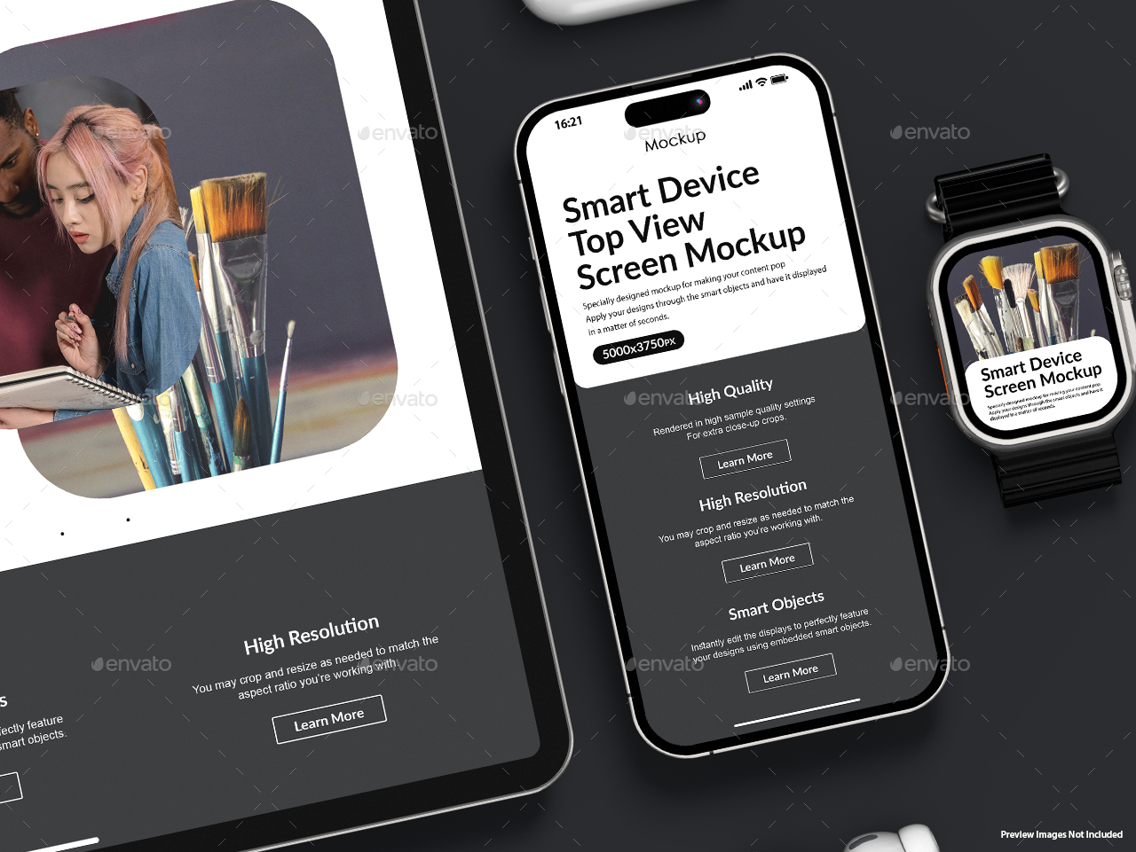 iPhone 14 / iPad Pro / Apple Watch Top View Screen Mockups, Graphics