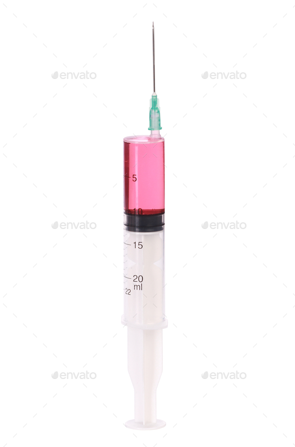 Vertical shot of medical syringe ready for injection isolated on white ...
