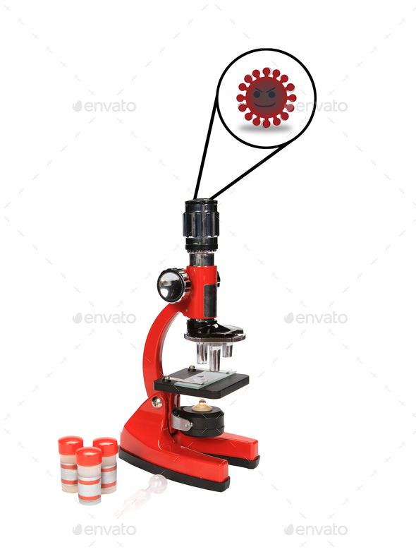 Vertical isolated shot of a red microscope studying an angry virus ...