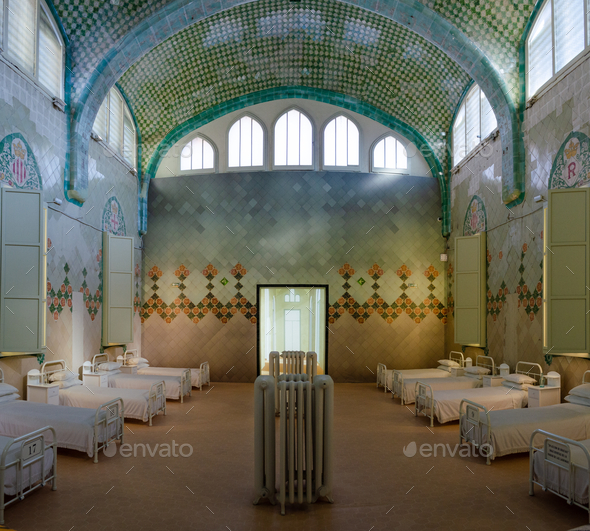 Old hospital with white beds and walls with ornaments Stock Photo by ...