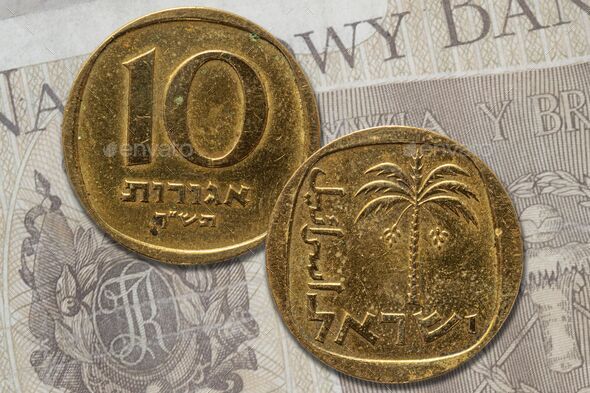 Israeli shekel coin obverse and reverse on banknote Stock Photo by ...