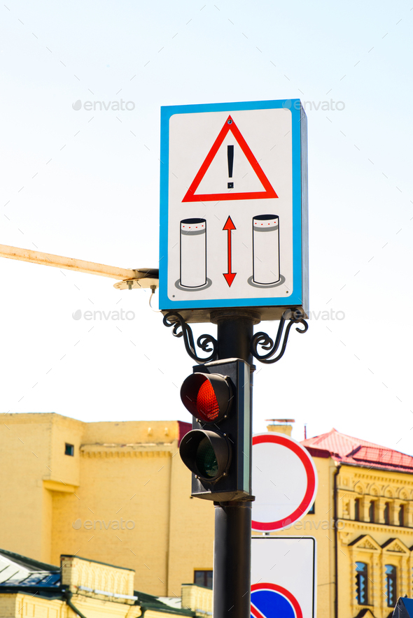 close up view of road signs and traffic signs in city Stock Photo by ...