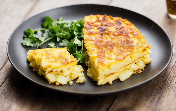 A classic tortilla de patatas, potato omelette sandwich on a slice of ...