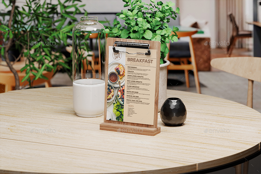 Set Of Different Table Sign / Menu Stand In Restaurant Mockup, Graphics