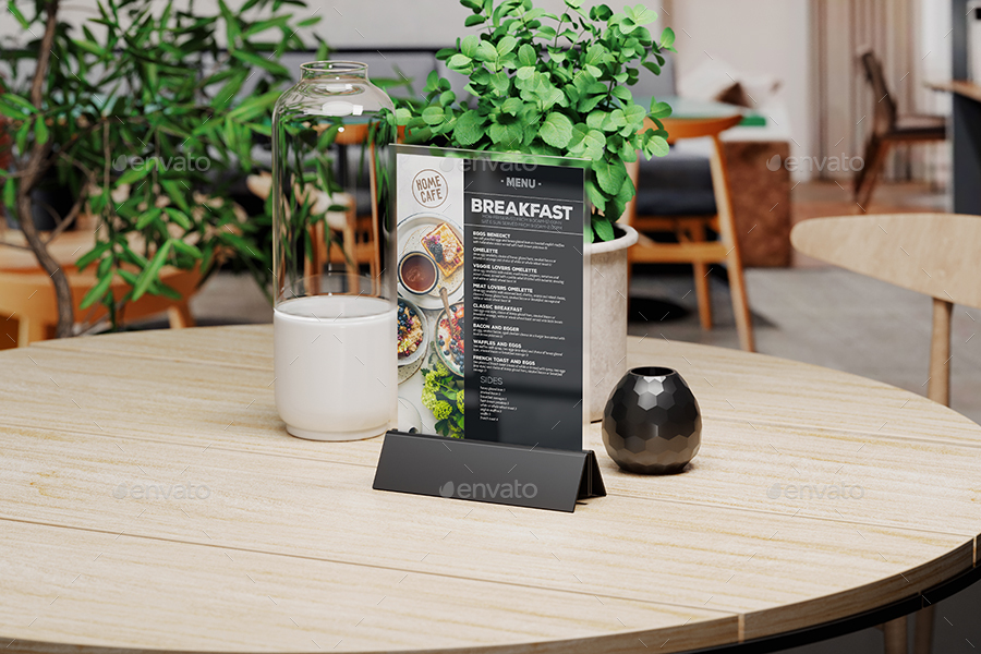 Set Of Different Table Sign / Menu Stand In Restaurant Mockup, Graphics