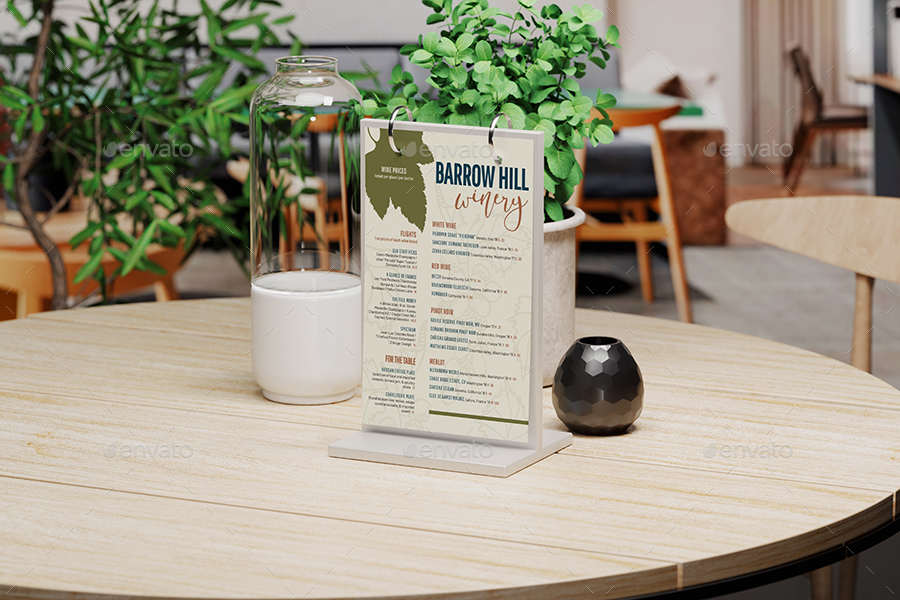 Set Of Different Table Sign / Menu Stand In Restaurant Mockup, Graphics